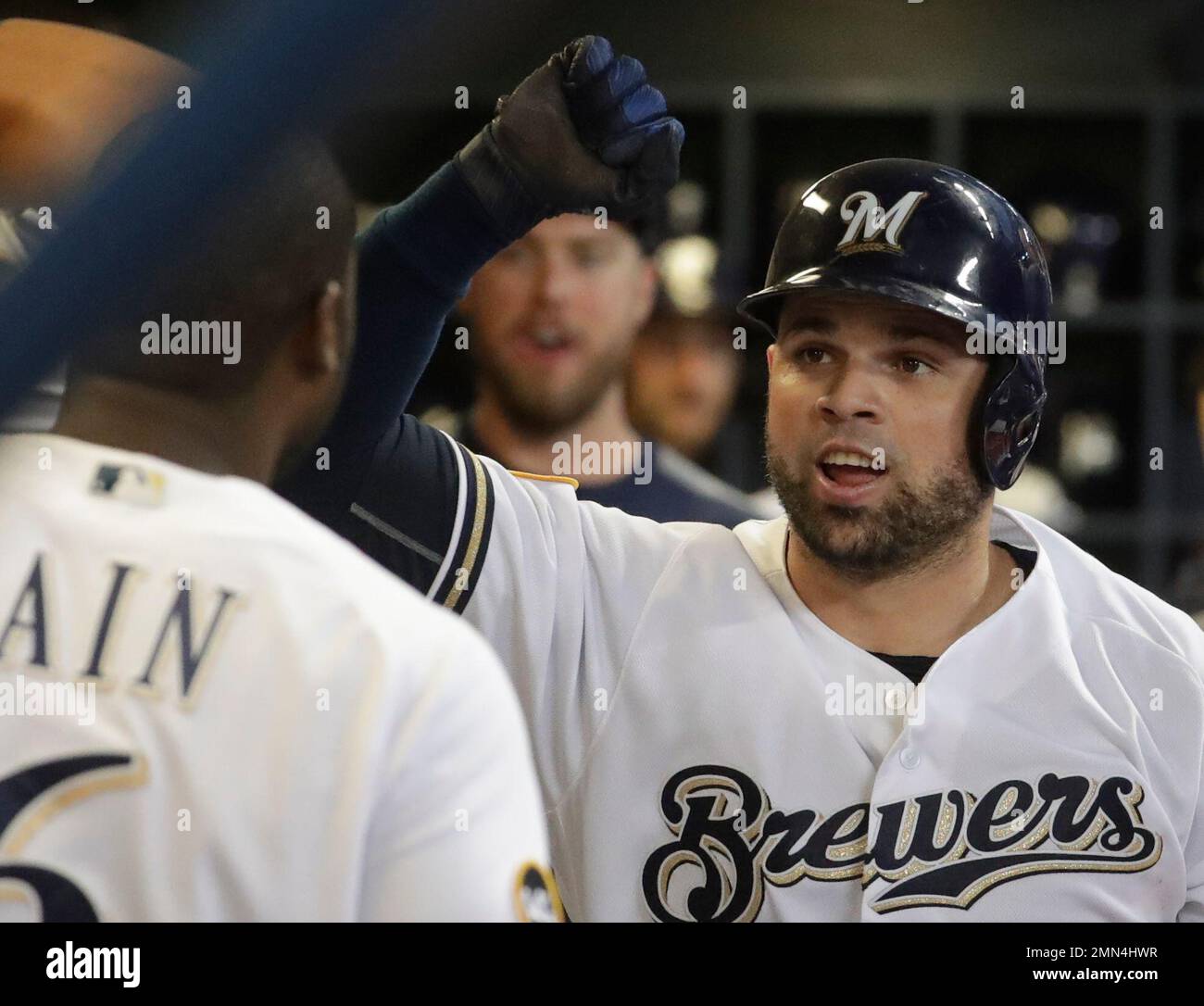 Milwaukee Brewers' Manny Pina celebrates after hitting a home run ...