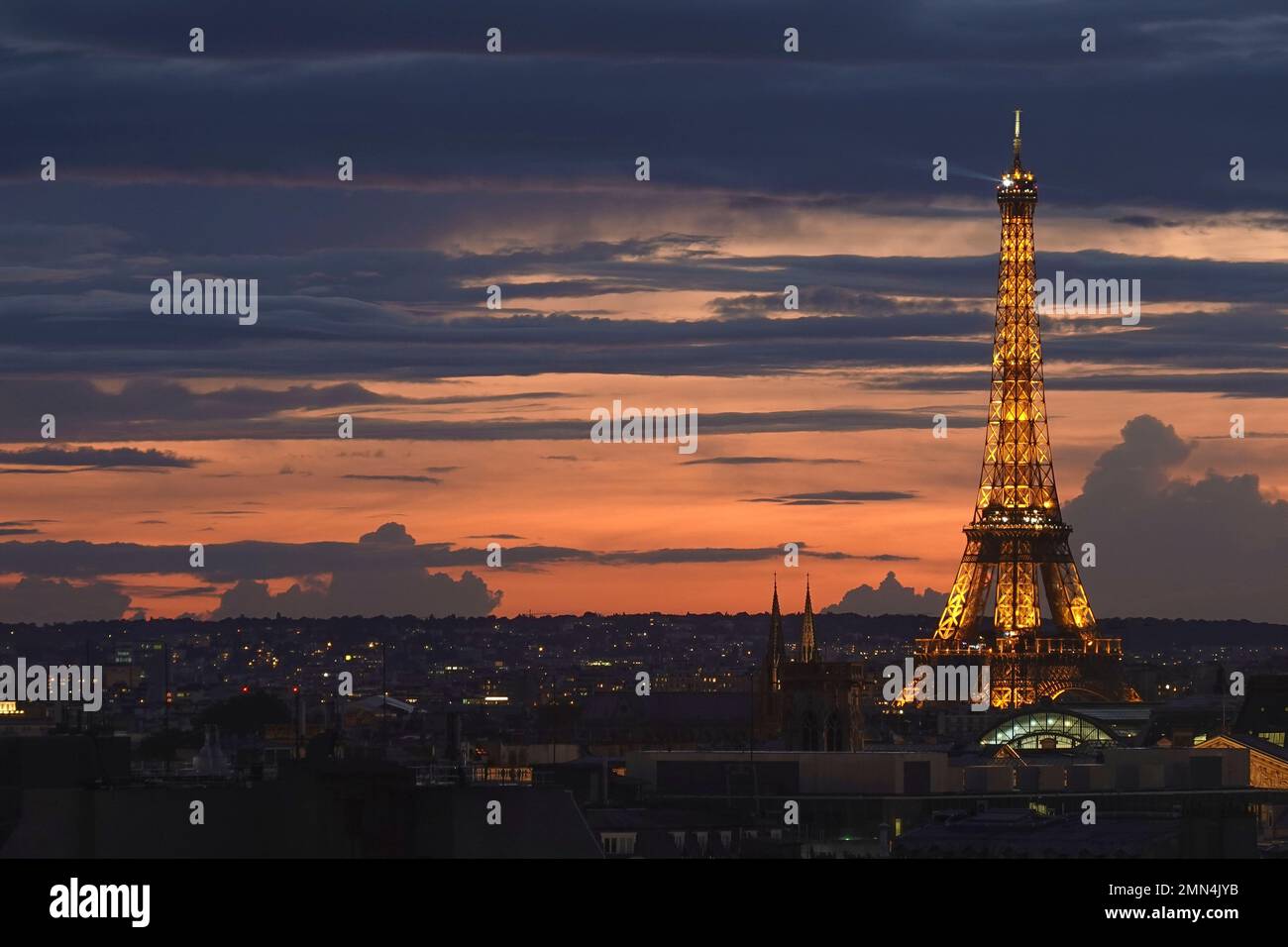 France, Paris, Panoramic night view of Paris with Eiffel tower from the ...