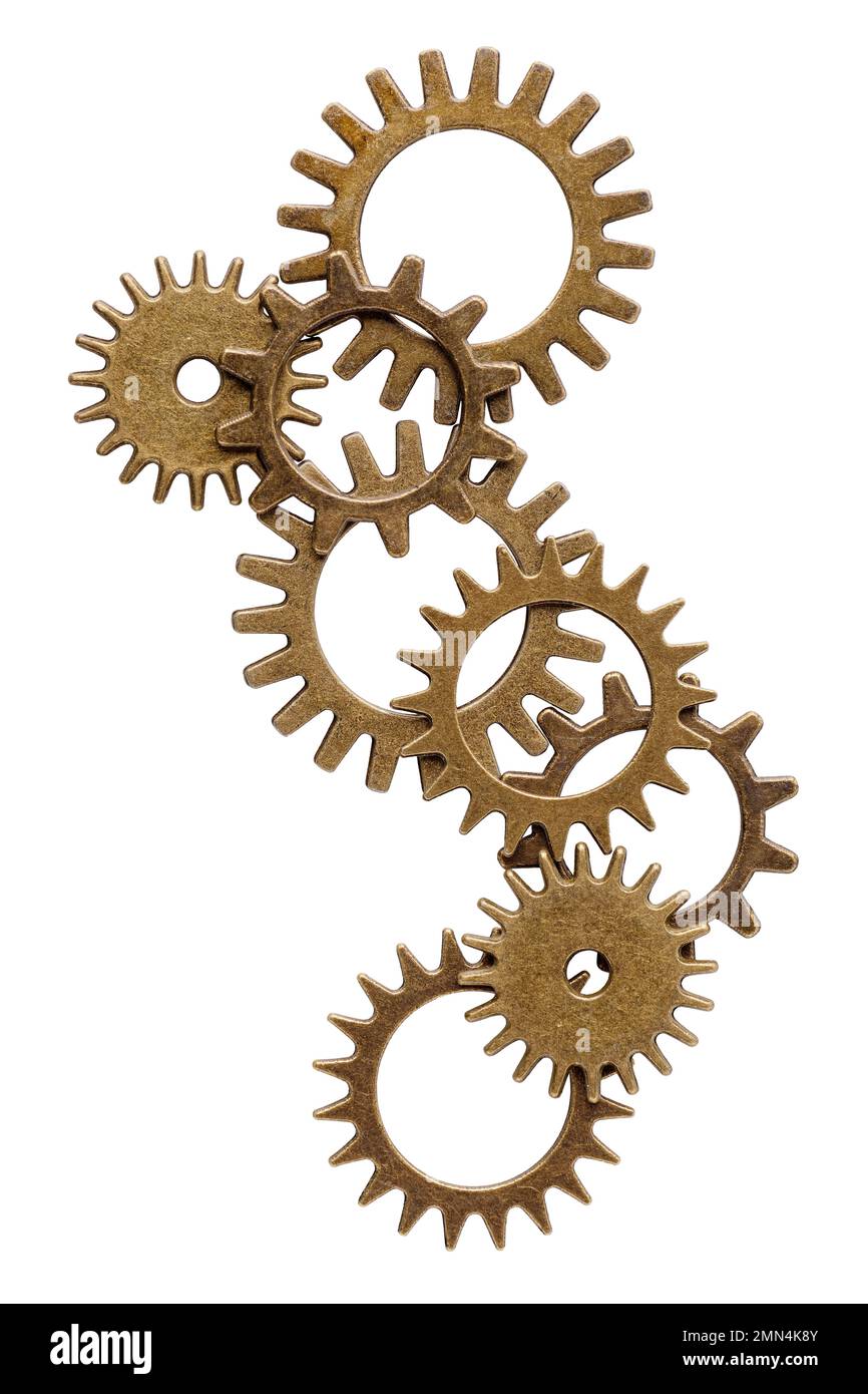 Group of assorted bronze cogwheels, various size and shape, abstract ...