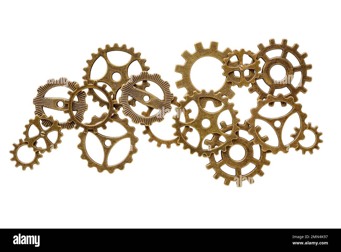 Group of assorted bronze cogwheels, various size and shape, abstract ...