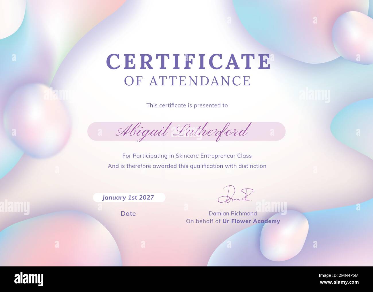 Attendance certificate education template, pink holographic design ...