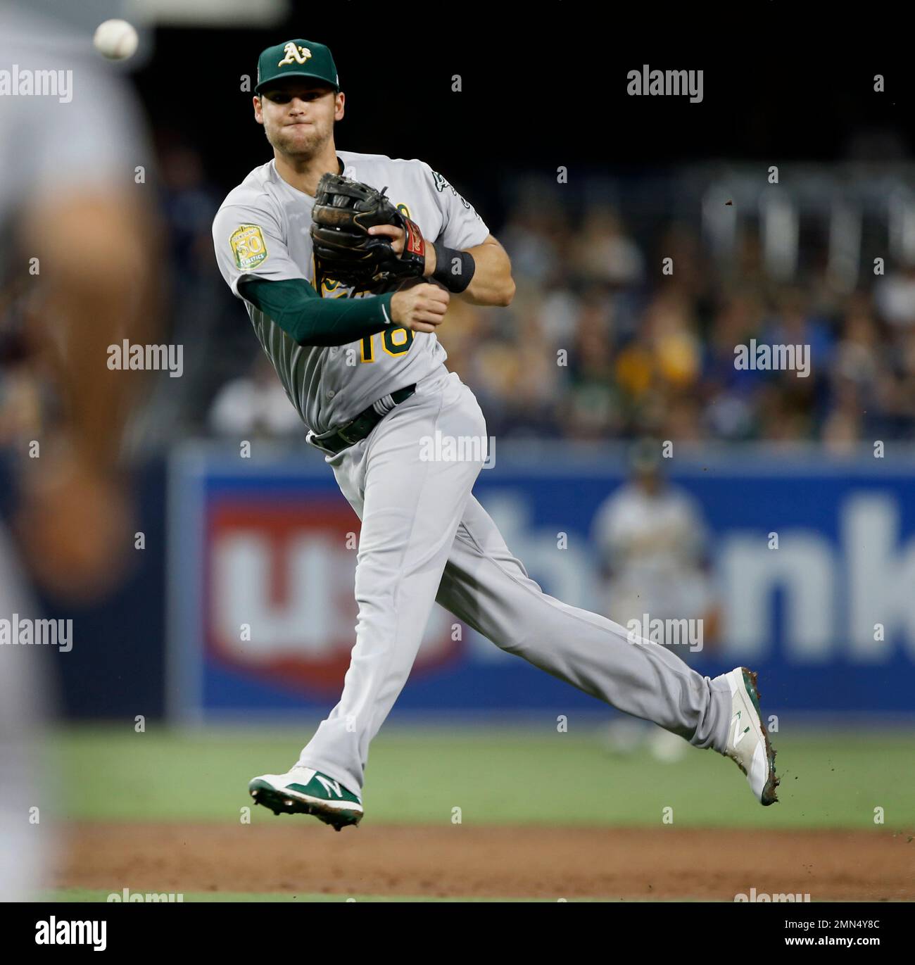 Oakland Athletics second baseman Chad Pinder throws out San Diego ...