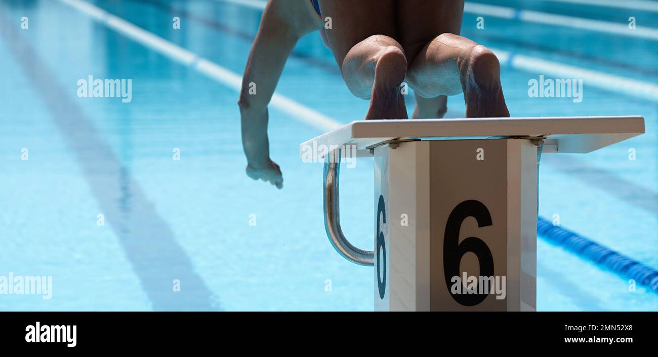 Female swimmer jumps off starting block and start swims in pool Stock ...