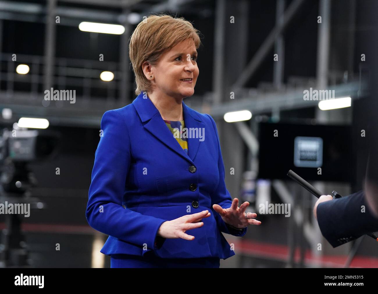 First Minister Nicola Sturgeon speaks to the media during her visit to BBC Studioworks in ...
