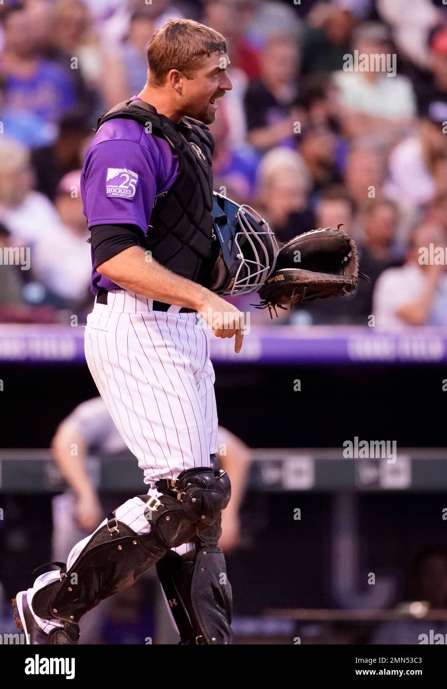 Colorado Rockies catcher Tom Murphy yells at his team during the fourth ...