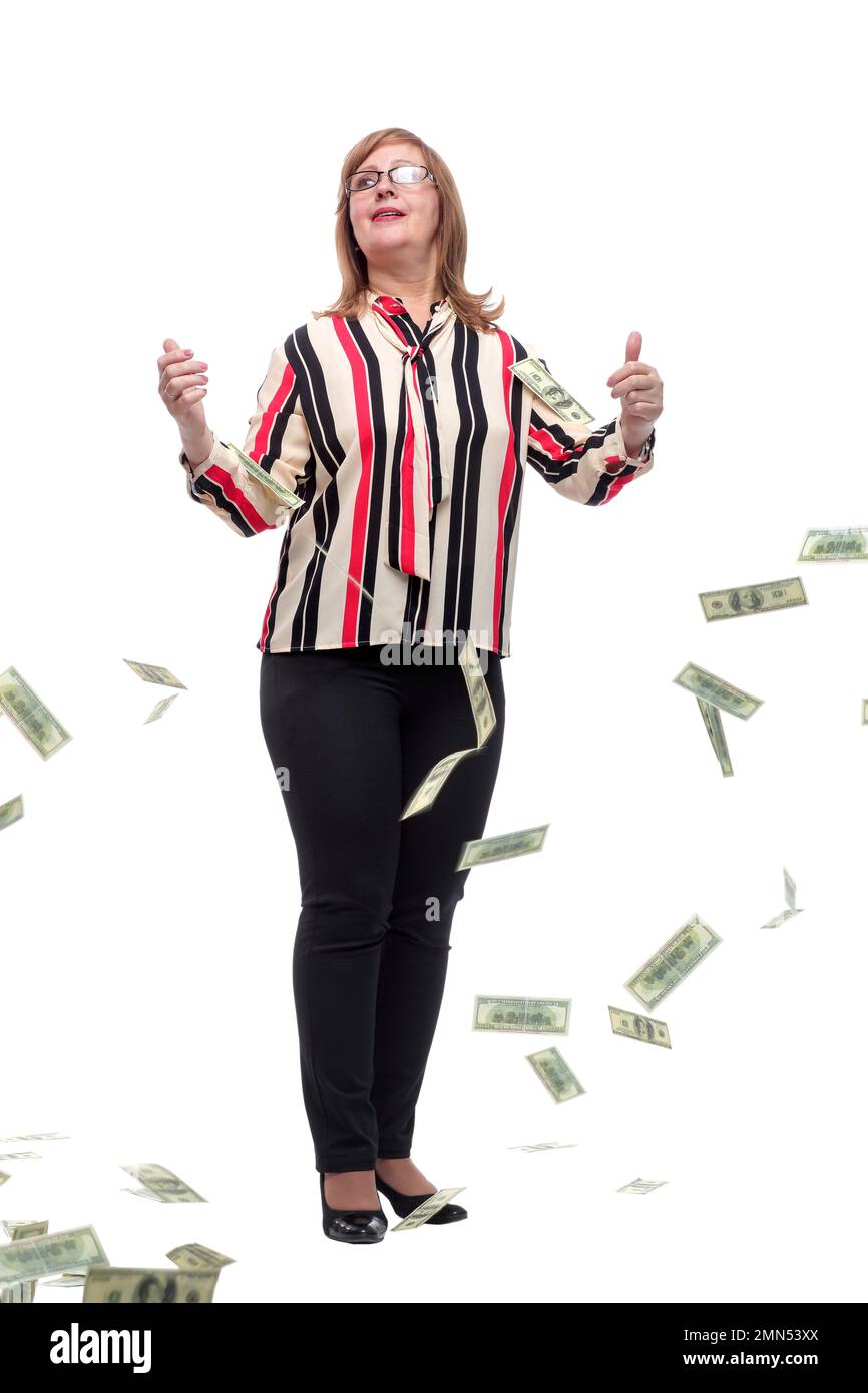 in full growth. happy woman standing in the rain of money Stock Photo ...