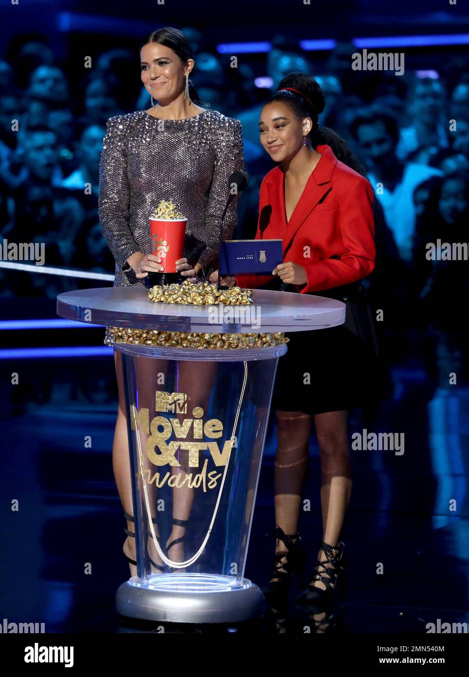 Mandy Moore, left, and Amandla Stenberg present the award for best show ...