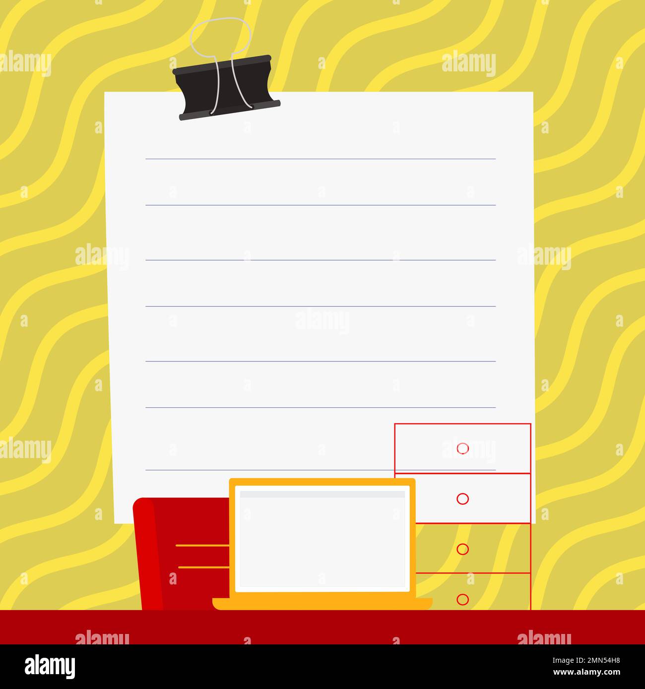 Laptop standing on desk near box. White screen contains new important ...