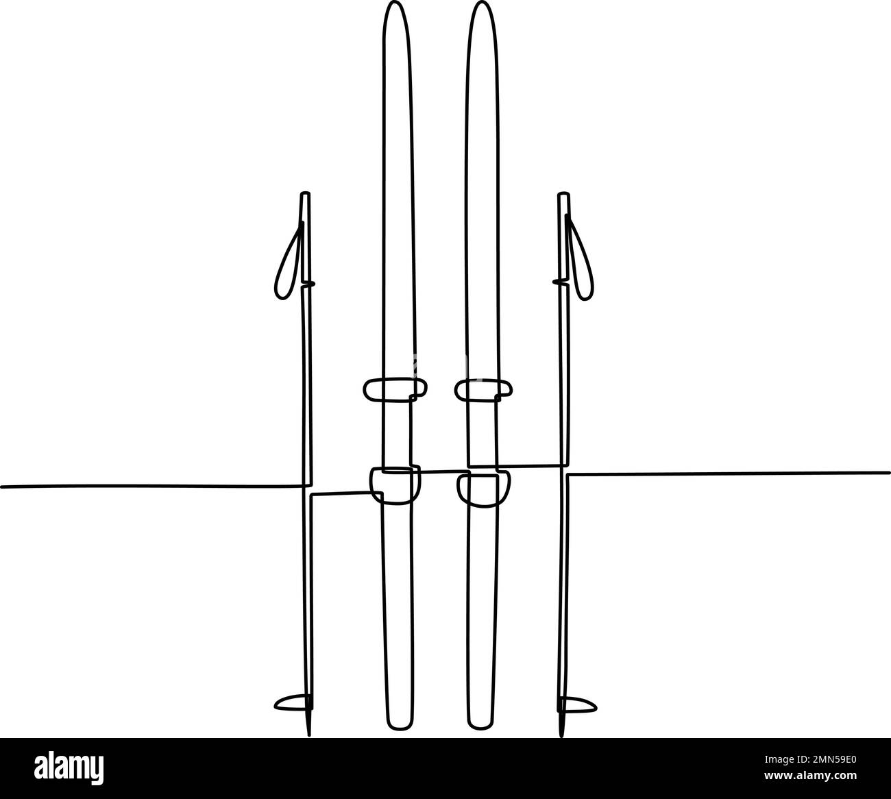 Continuous one line drawing of skis and ski poles. Vector illustration ...