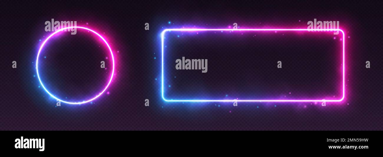 Neon frames with smoke and sparkles, gradient LED borders with fog and ...