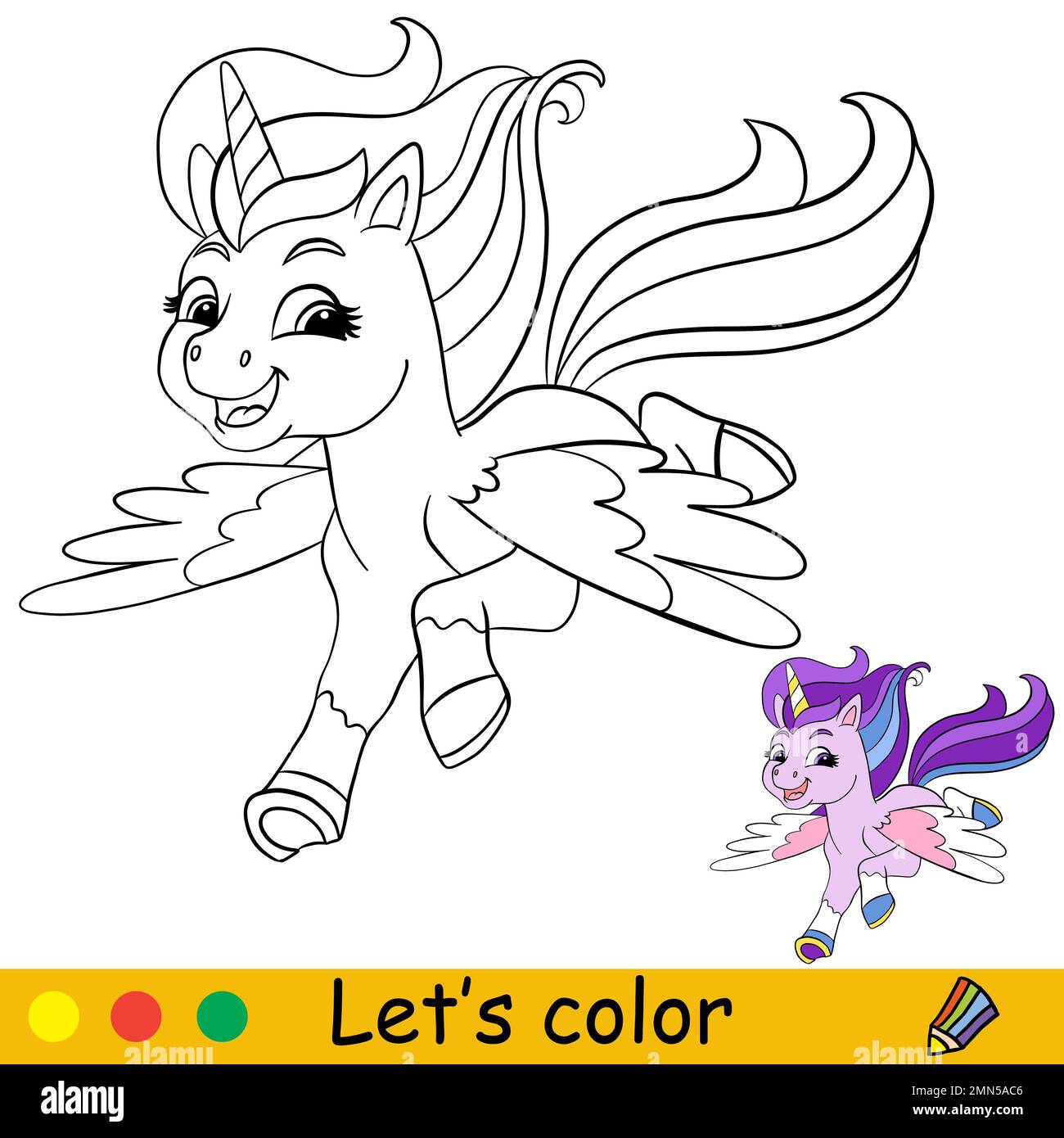 Cute happy flying unicorn. Kids coloring book page with color template ...