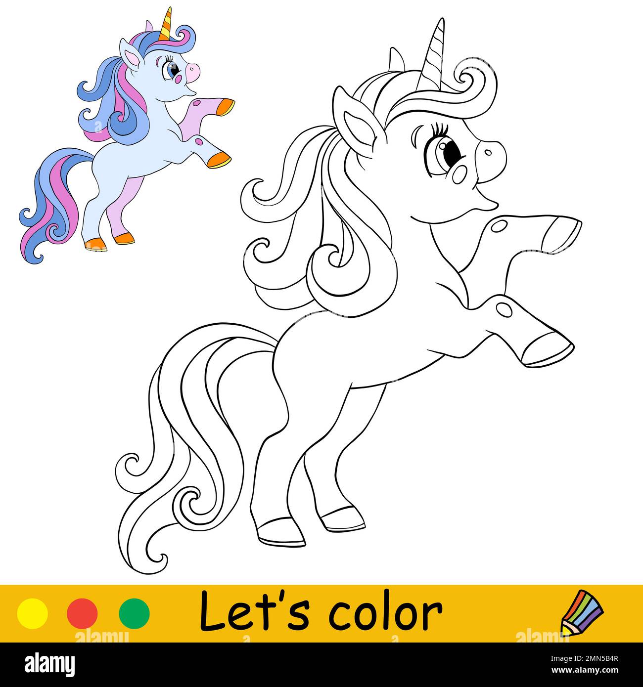 Cute happy unicorn. Kids coloring book page with color template. Vector ...