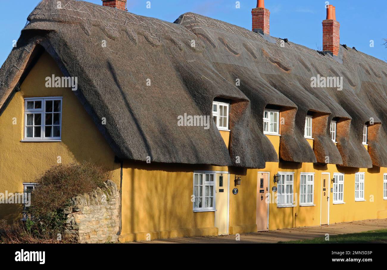 A row of yellow painted thatched cottages in an English village Stock ...