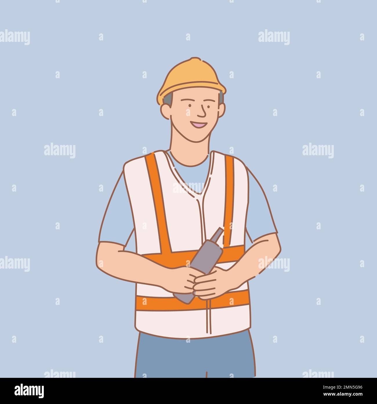 engineer hold phone with smile with outline or line and clean simple ...