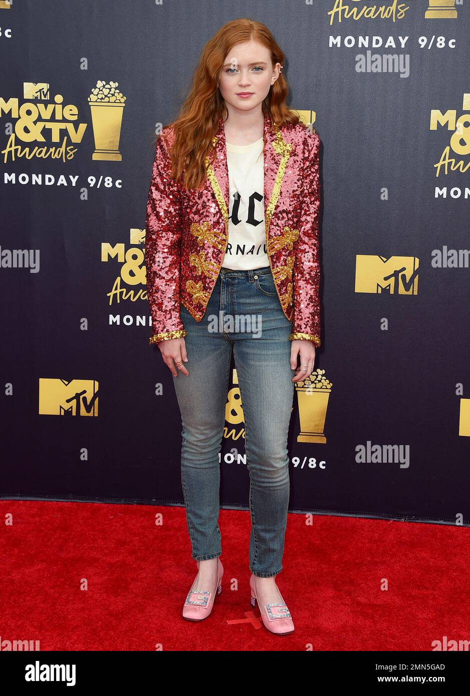 Sadie Sink arrives at the MTV Movie and TV Awards at the Barker Hangar ...