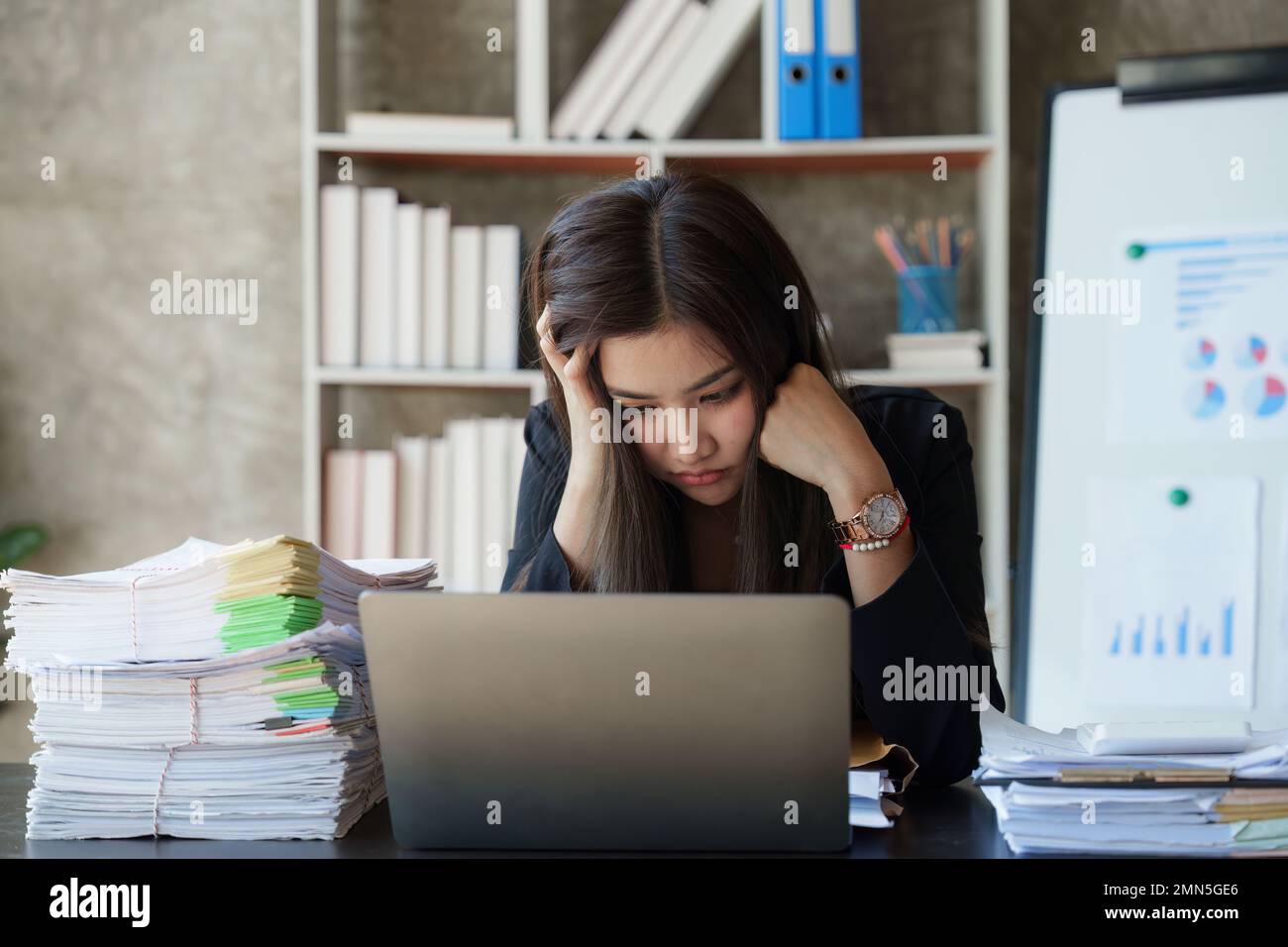 Stressed overwhelmed business person feels tired at corporate meeting, stress at work or ...