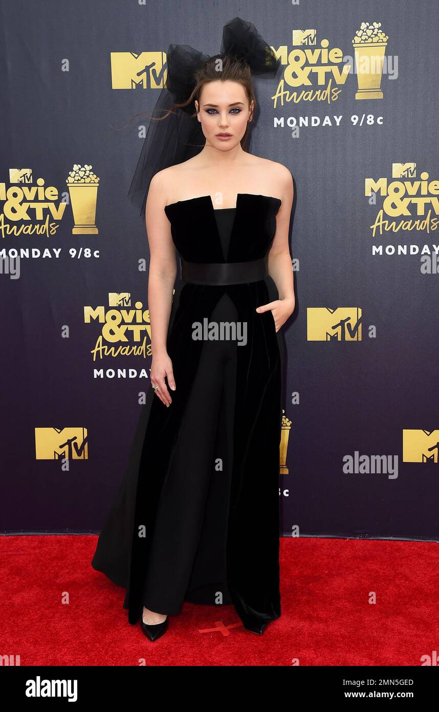 Katherine Langford arrives at the MTV Movie and TV Awards at the Barker ...