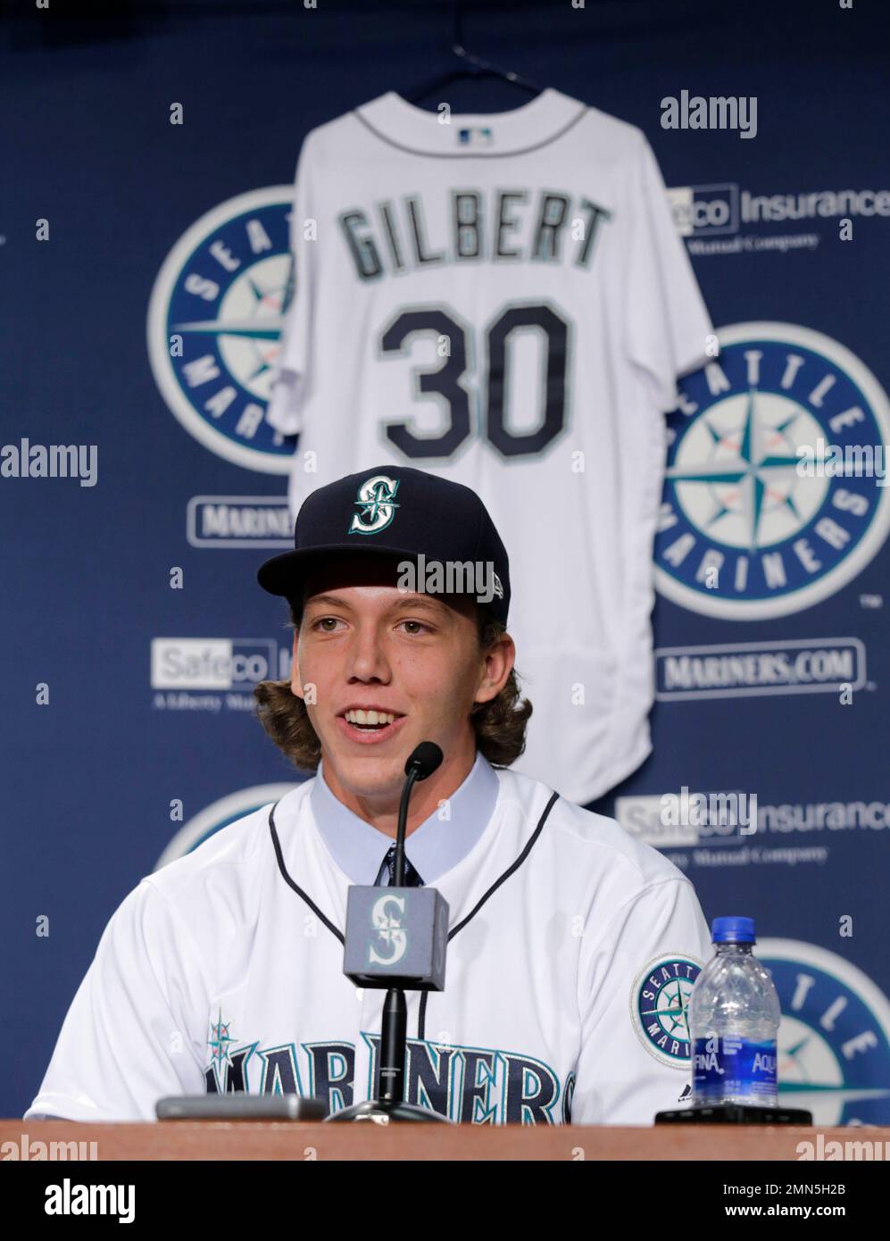 Seattle Mariners first-round draft pick Logan Gilbert is introduced at ...