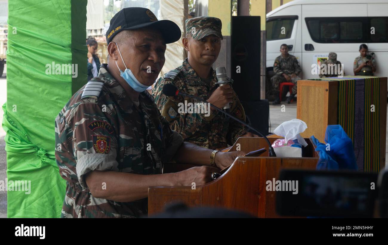 A Timor-Leste Defense Force soldier addresses the crowd to conclude the ...