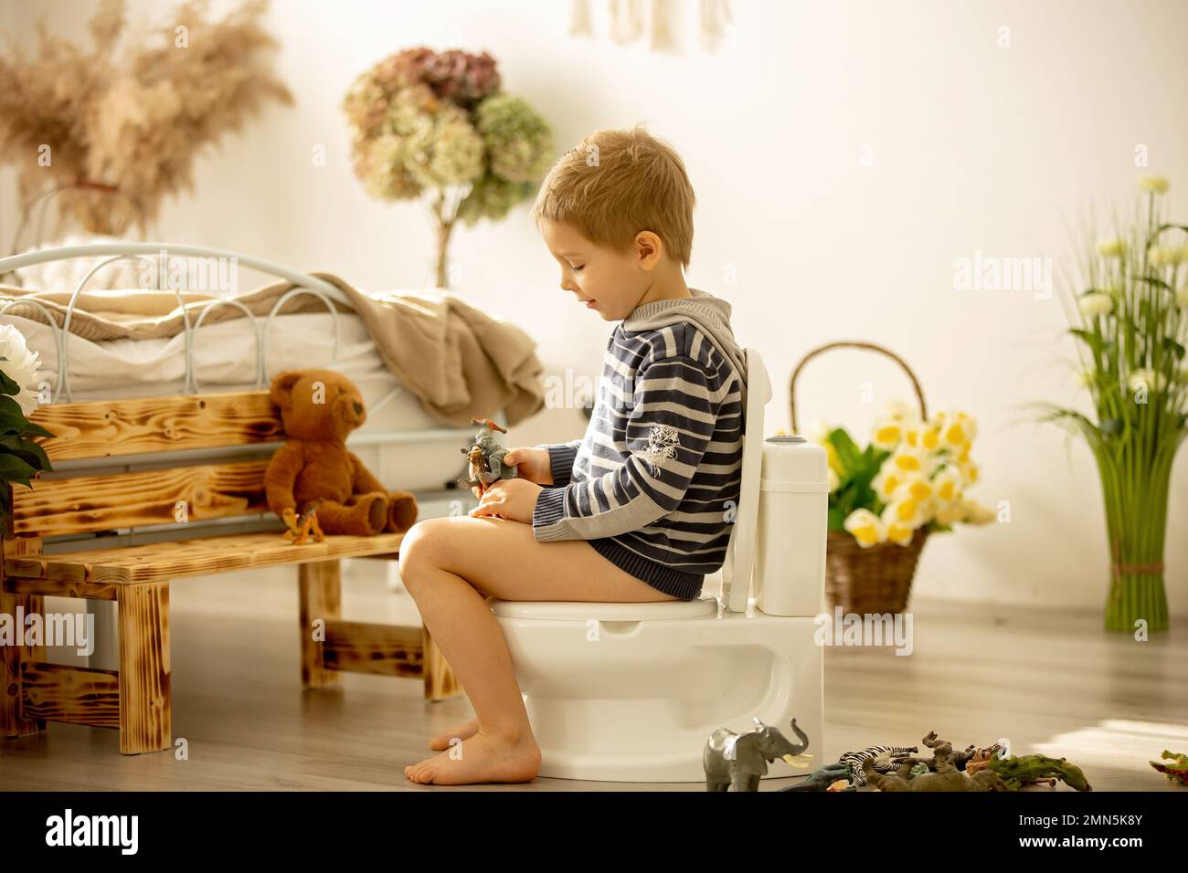 Cute toddler child, boy, using potty at home, while playing with toys ...