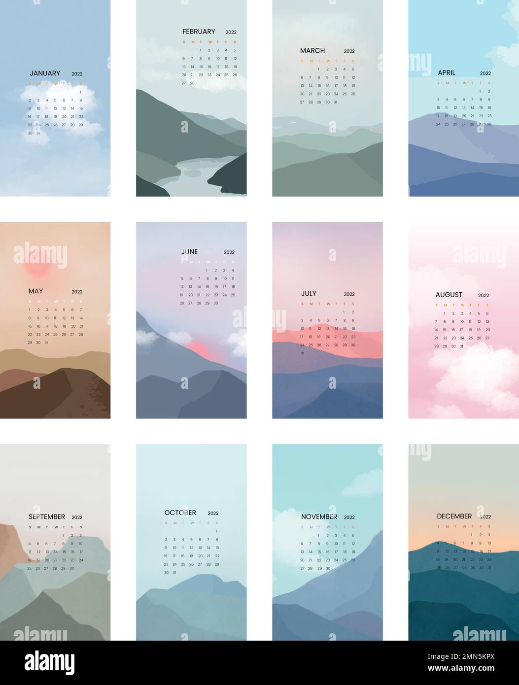 Sky & mountain yearly calendar vector in minimal Scandinavian ...