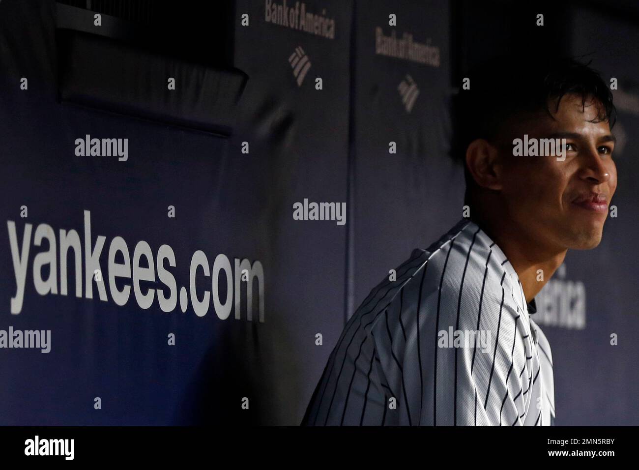 New York Yankees pitcher Jonathan Loaisiga smiles in the dugout during ...