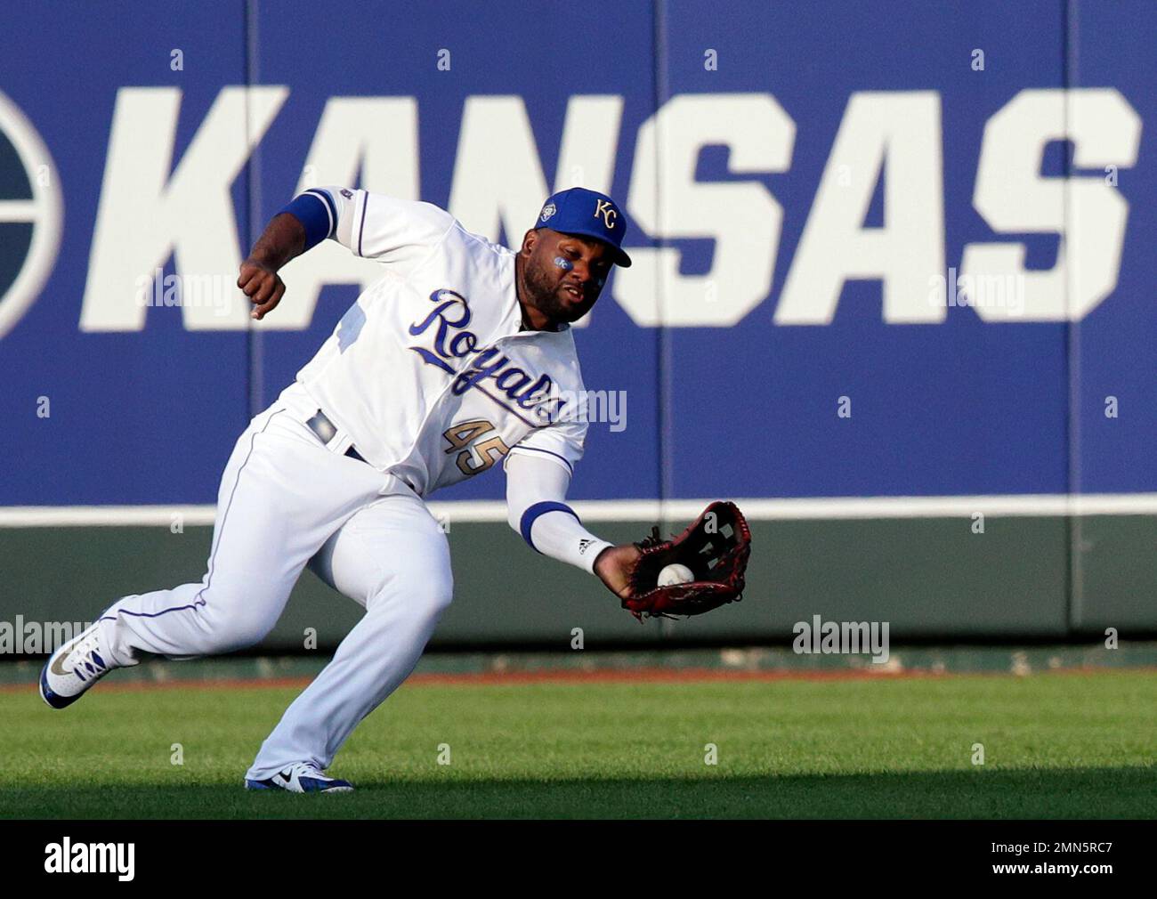 Kansas City Royals center fielder Abraham Almonte catches a fly ball ...