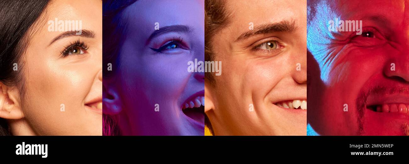 Collage. Close-up cropped side view portraits of diverse people, man ...