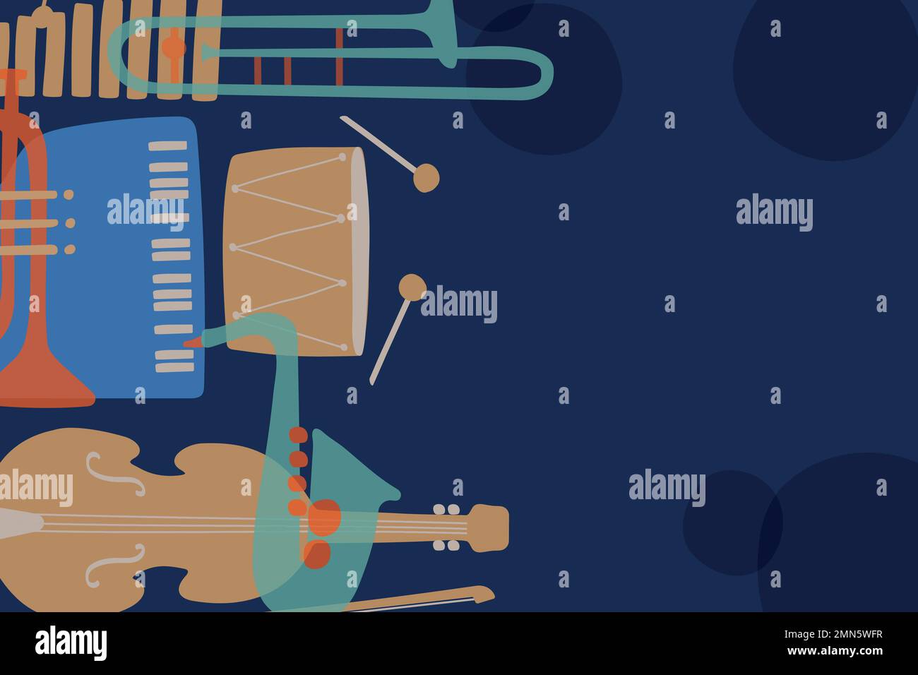Blue retro background, music border, classical instruments vector Stock ...