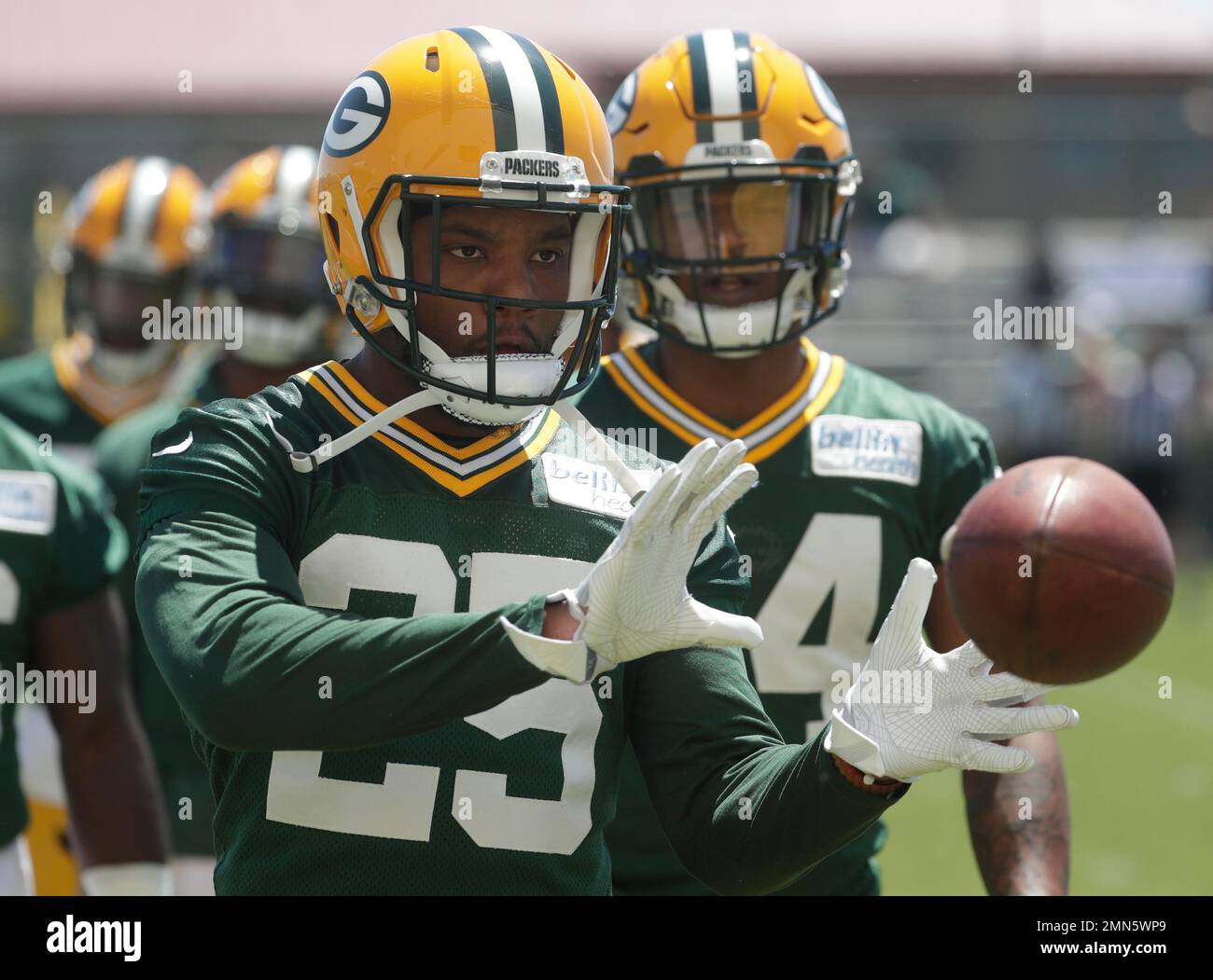 Green Bay Packers' Marwin Evans catches a ball during a practice ...