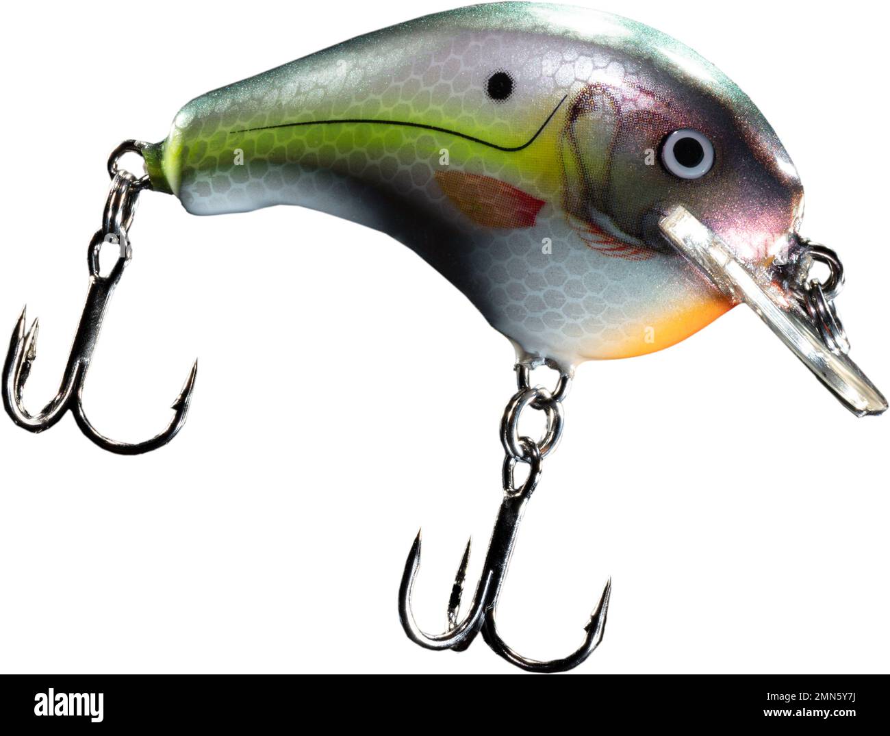 Artificial fishing bait seen from the side with a white background ...