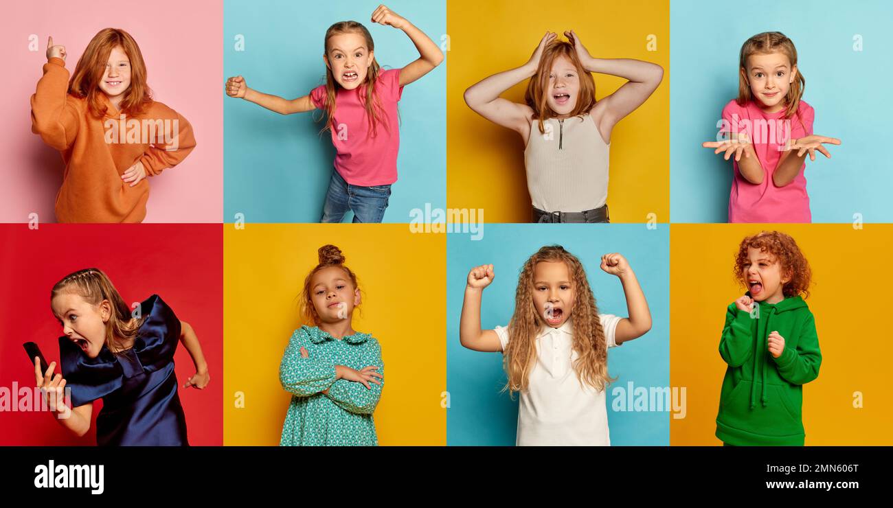 Collage. Portraits of little children, girls showing loud emotions ...
