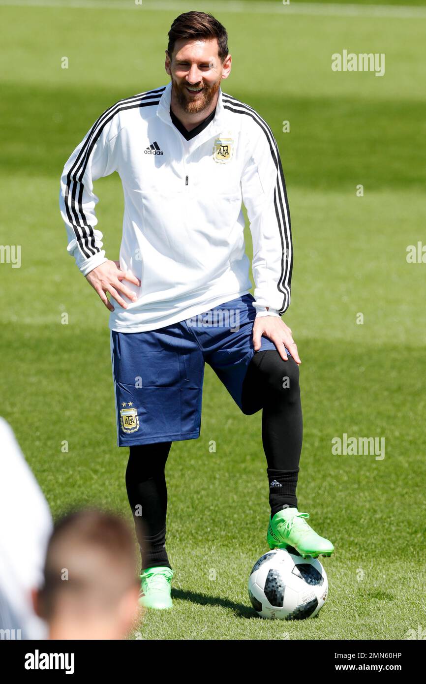 Lionel Messi smiles during a training session of Argentina on the eve ...