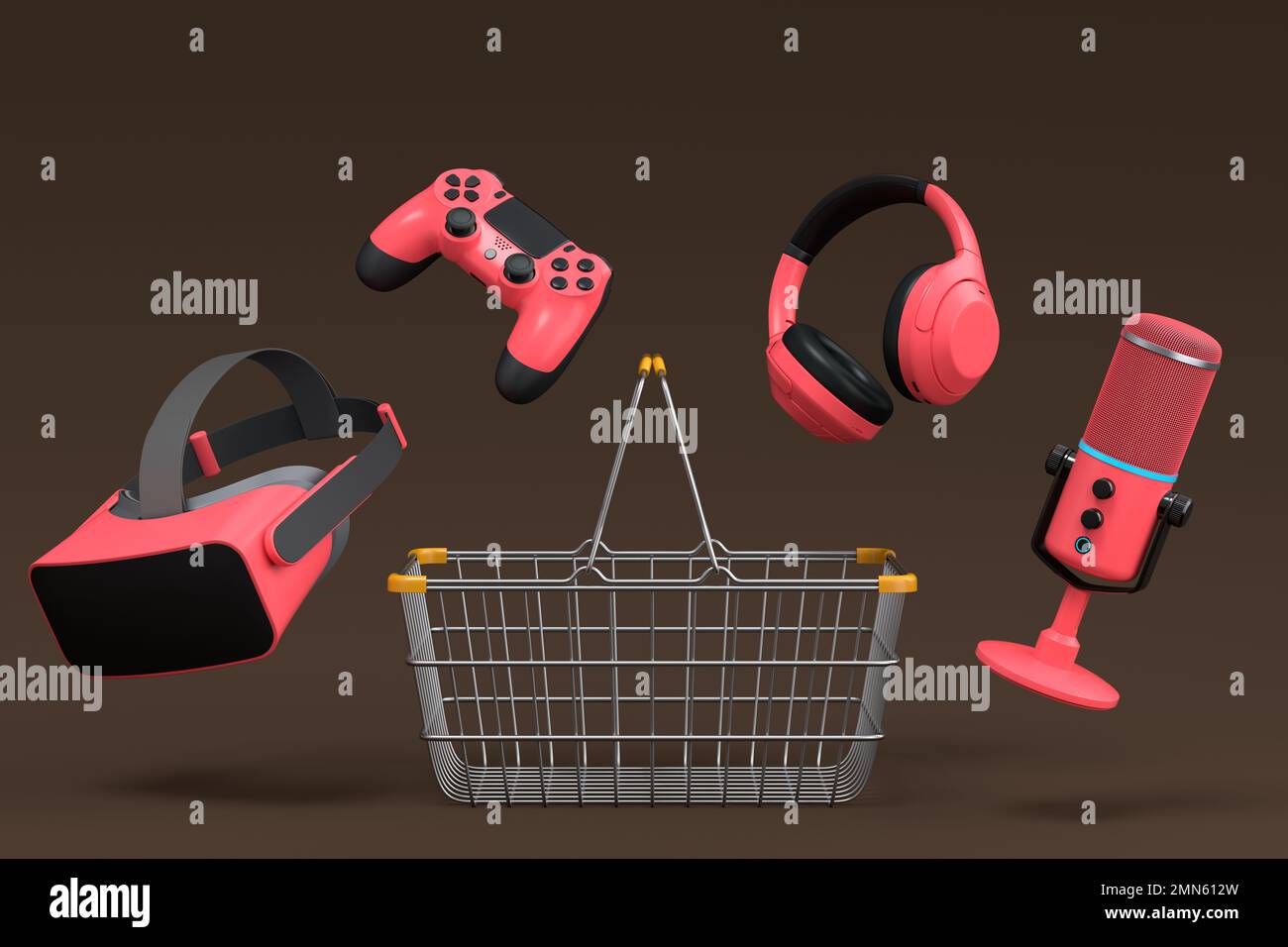 Flying gamer gears like mouse, keyboard, joystick, headset, VR Headset ...