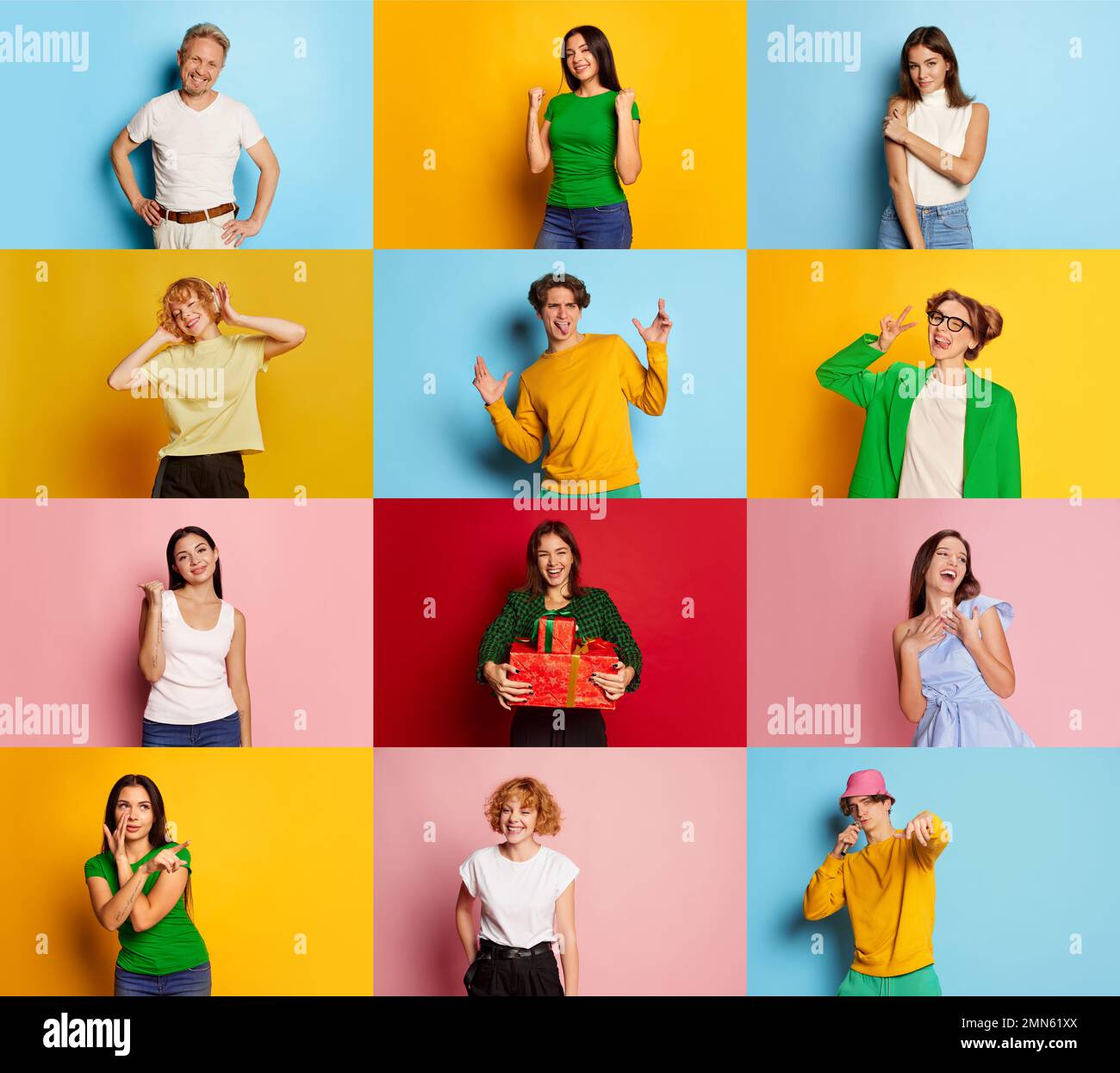 Collage. Portraits of diverse emotional people, men and women posing ...