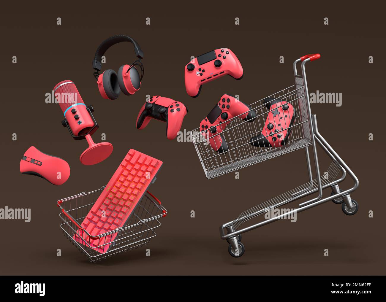 Flying gamer gears like mouse, keyboard, joystick, headset, VR Headset ...