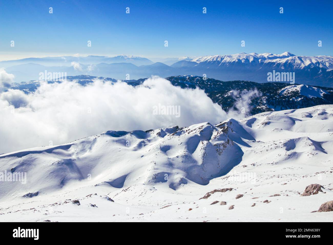 The highest mountain peak of snow-covered Tahtalı Mountain, Beydagları ...