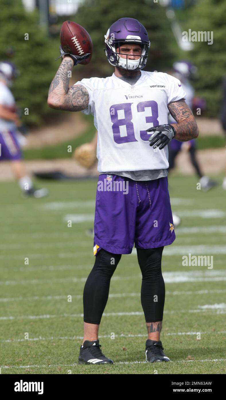 Minnesota Vikings tight end Tyler Conklin takes part in a drill during ...