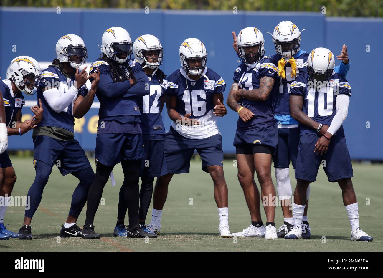 Members of the Los Angeles Chargers pose for a picture during practice ...