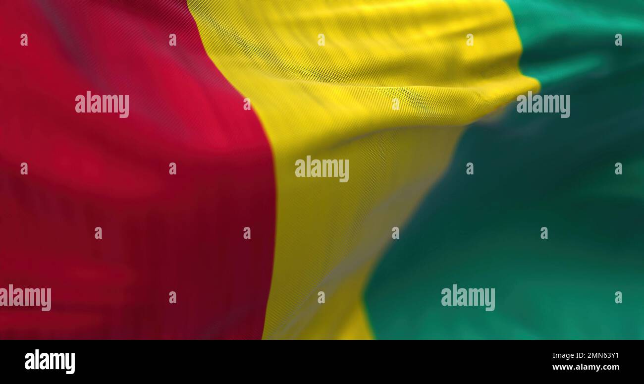 Detail of Guinea National flag waving. Republic of Guinea is a West African state. Rippled ...