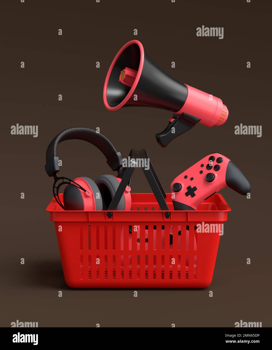 Gamer gears like headset, headphones and joystick in plastic basket on ...