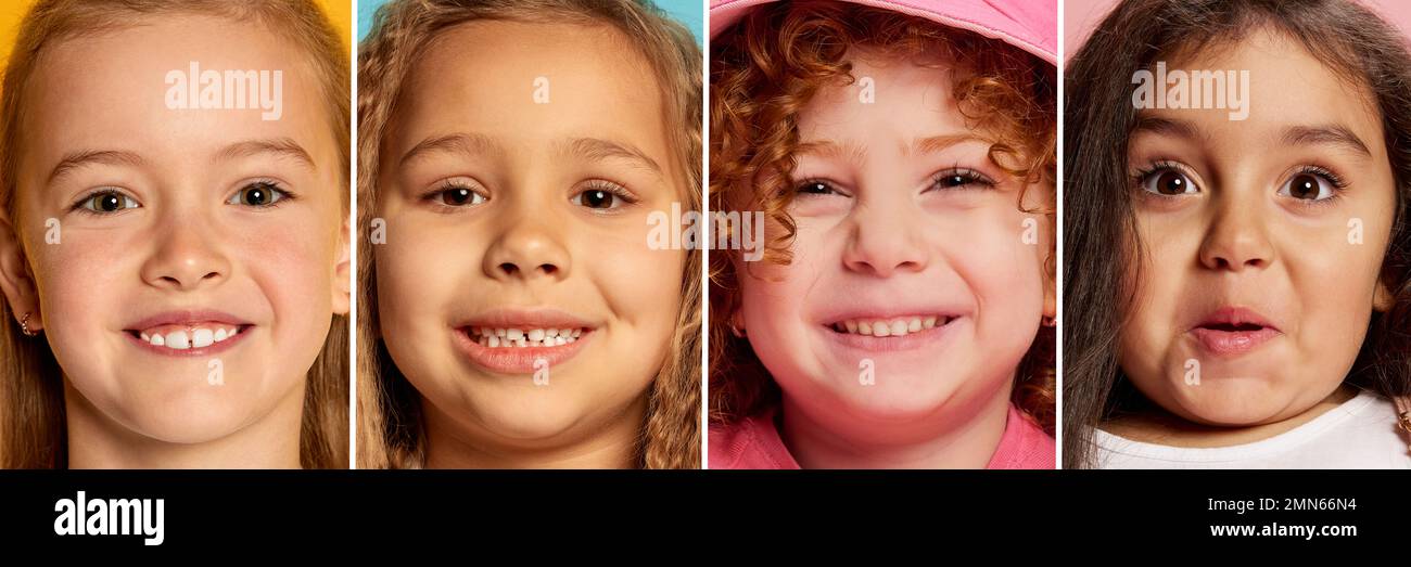 Collage. Close-up portraits of cute little girls, children smiling ...