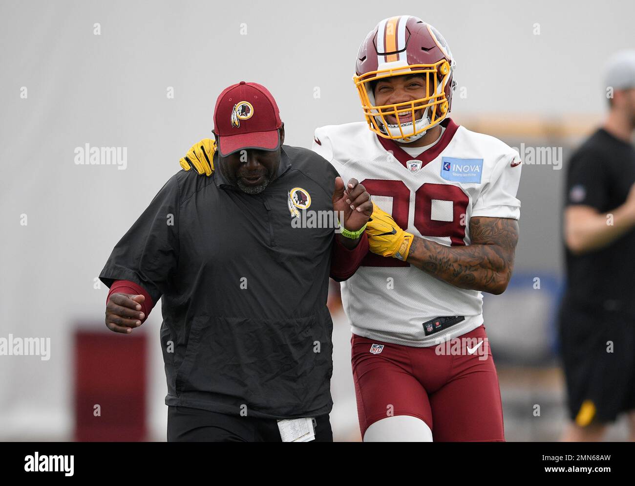 Washington Redskins running back Derrius Guice (29) jokes around with a ...