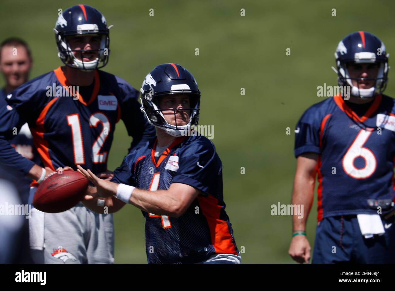 Denver Broncos quarterback Case Keenum (4) during drills at the NFL ...