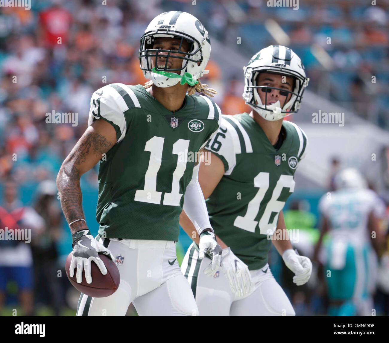 FILE - In this Oct. 22, 2017, file photo, New York Jets wide receivers ...