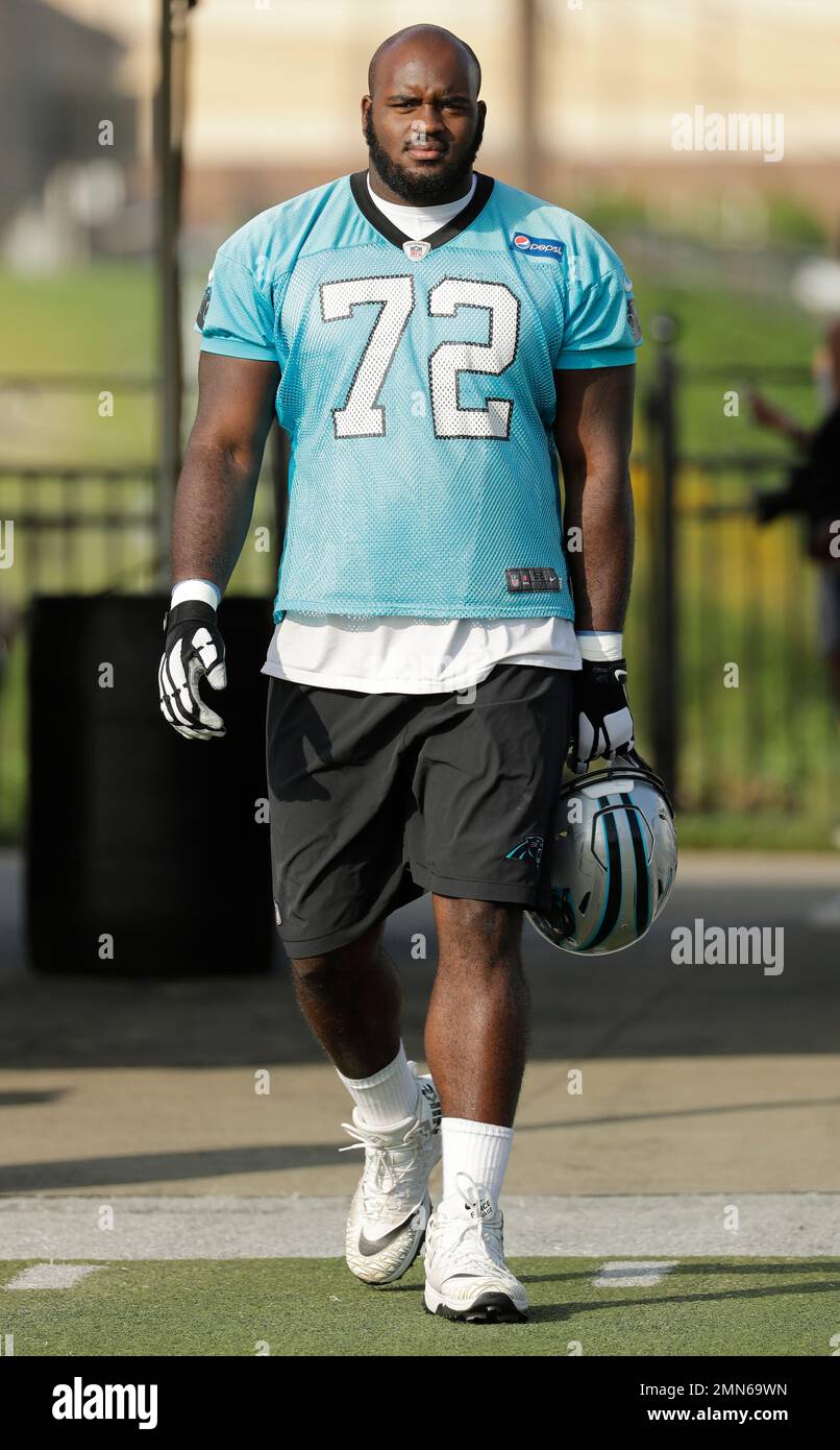 Carolina Panthers' Taylor Moton (72) arrives before the NFL football ...