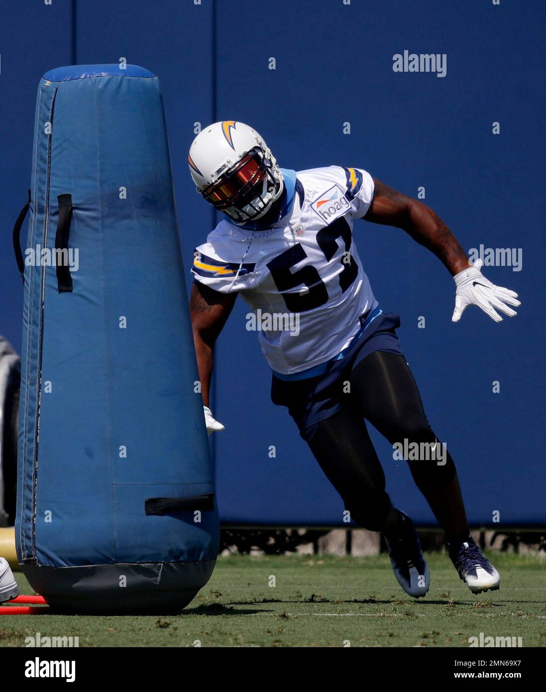Los Angeles Chargers' Denzel Perryman works out during practice at the ...