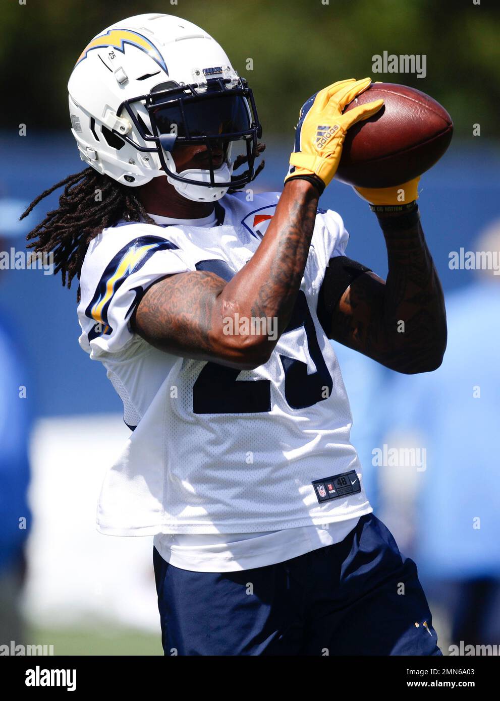 Los Angeles Chargers' Rayshawn Jenkins works out during practice at the ...