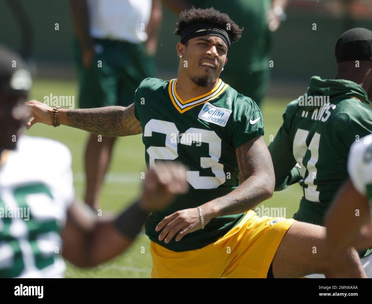 Green Bay Packers' Jaire Alexander stretches during a practice session ...