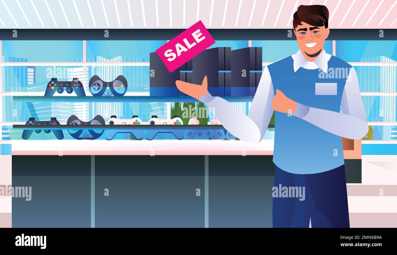 male seller consultant recommends a favorable offer in electronics ...